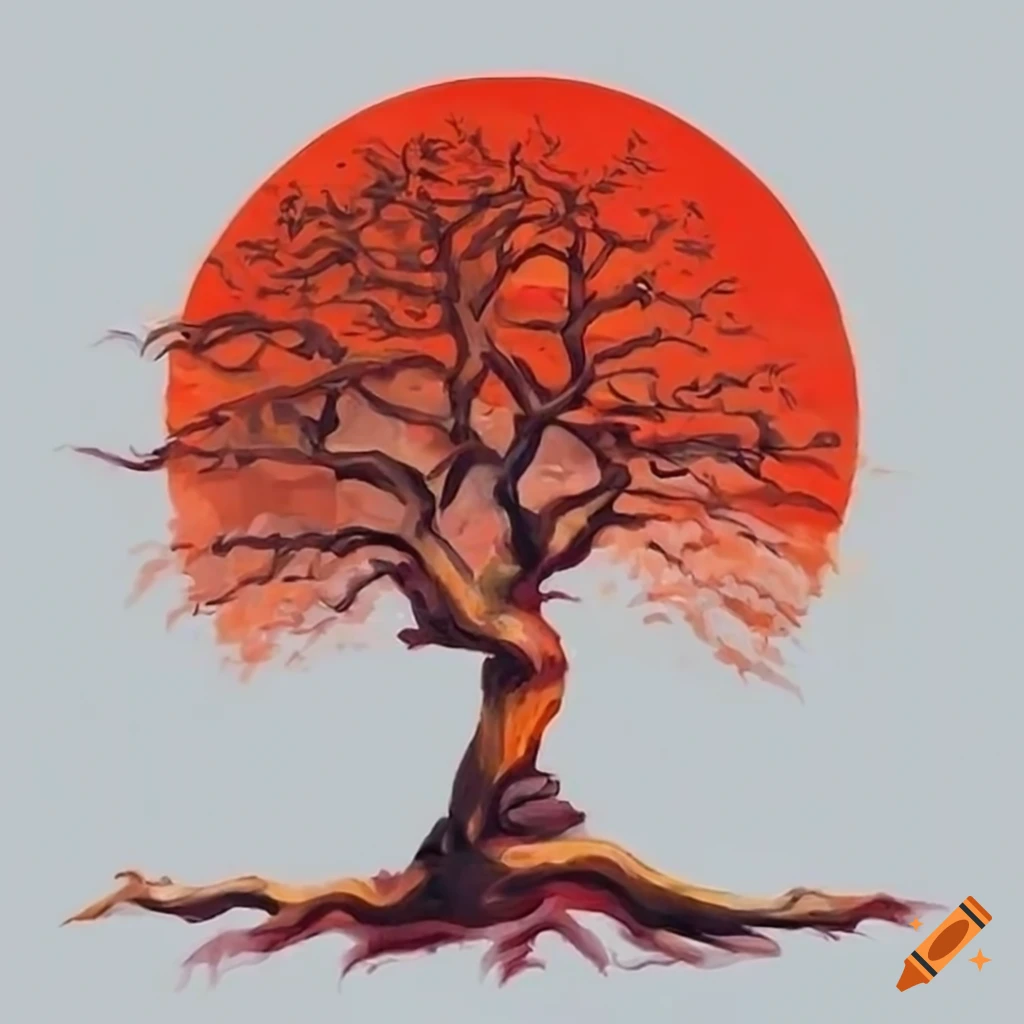 Ancient japanese style tree with red sun on Craiyon