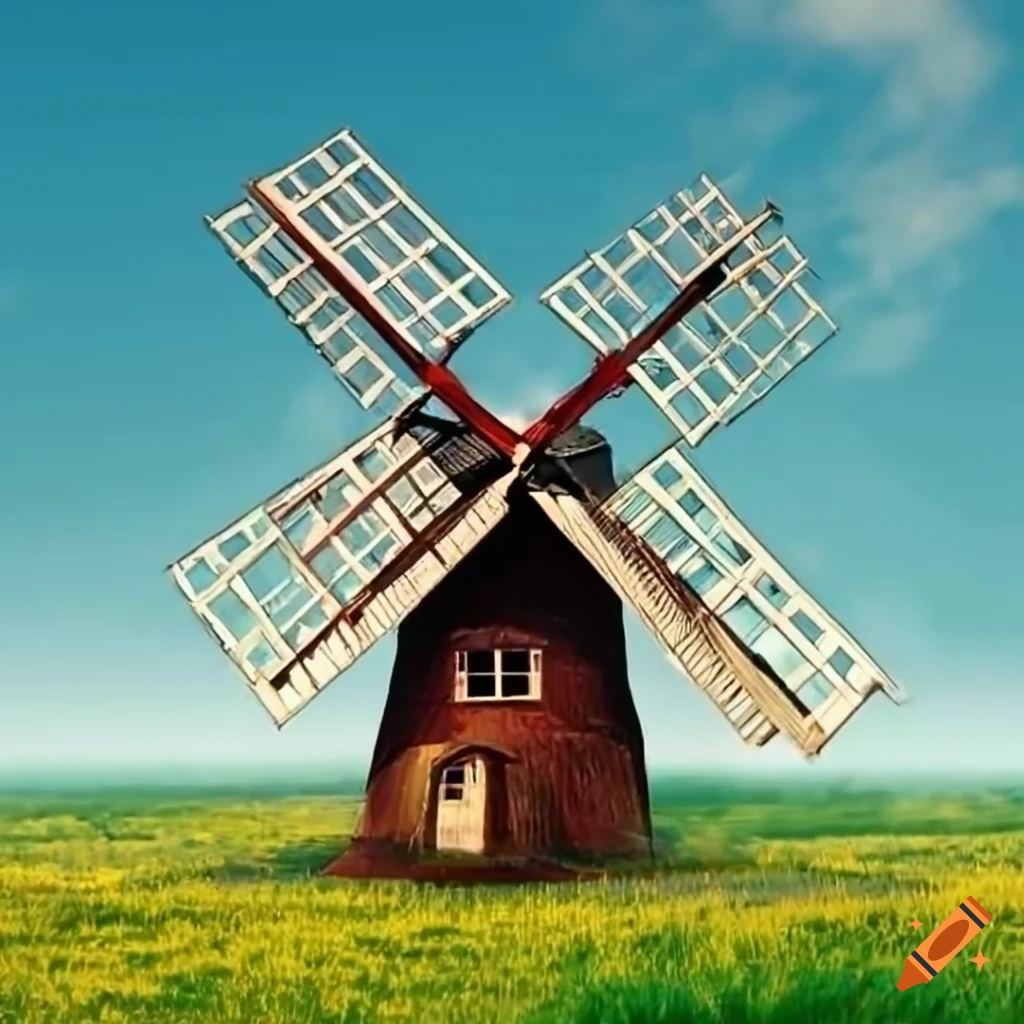 Tall windmill with four wings in a meadow on Craiyon