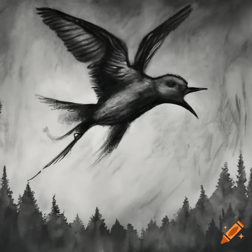Bird flying in a forest at night in charcoal drawing on Craiyon