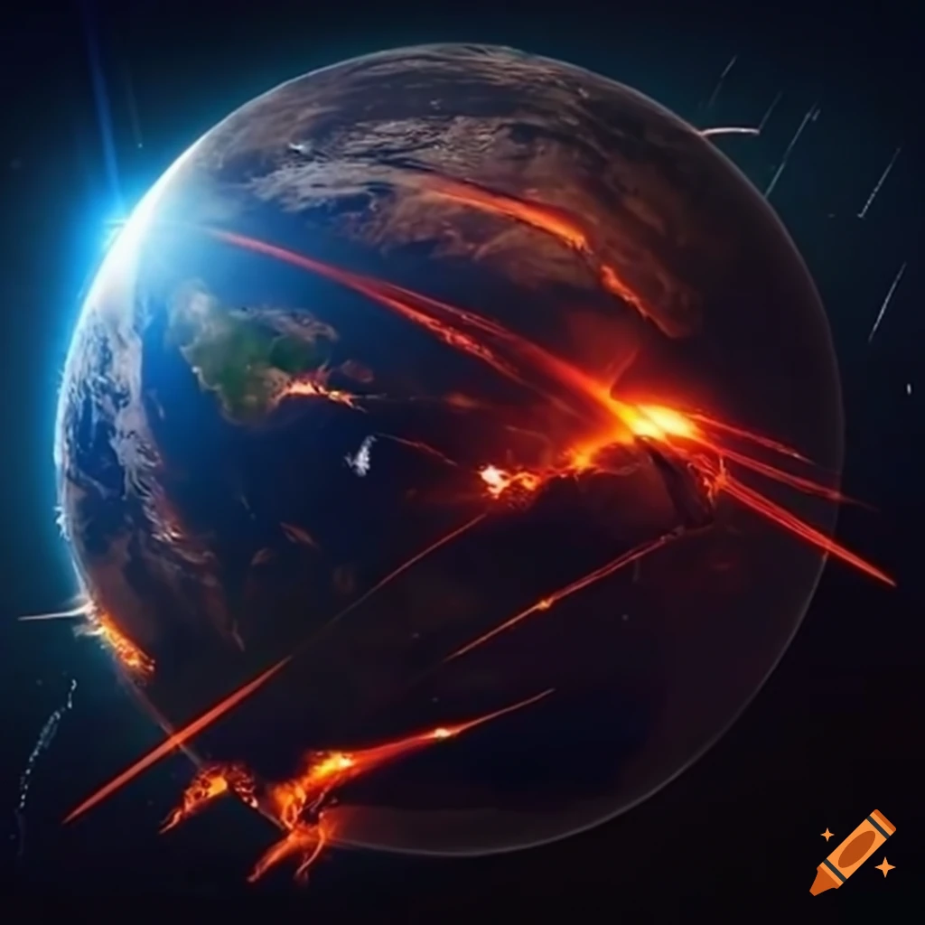 Apocalyptic scene of a fiery earth during a dense meteor shower on Craiyon