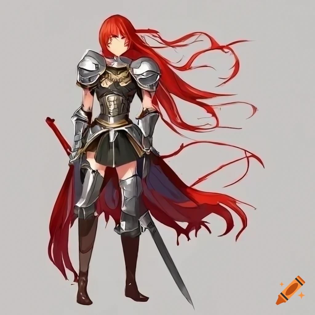 Anime-style art of a tall female knight with red hair in armor and ...