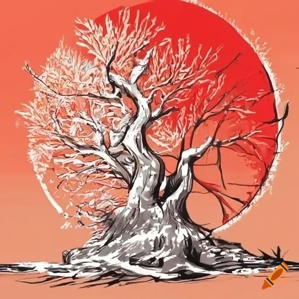 Ancient Japanese style tree with red sun on Craiyon