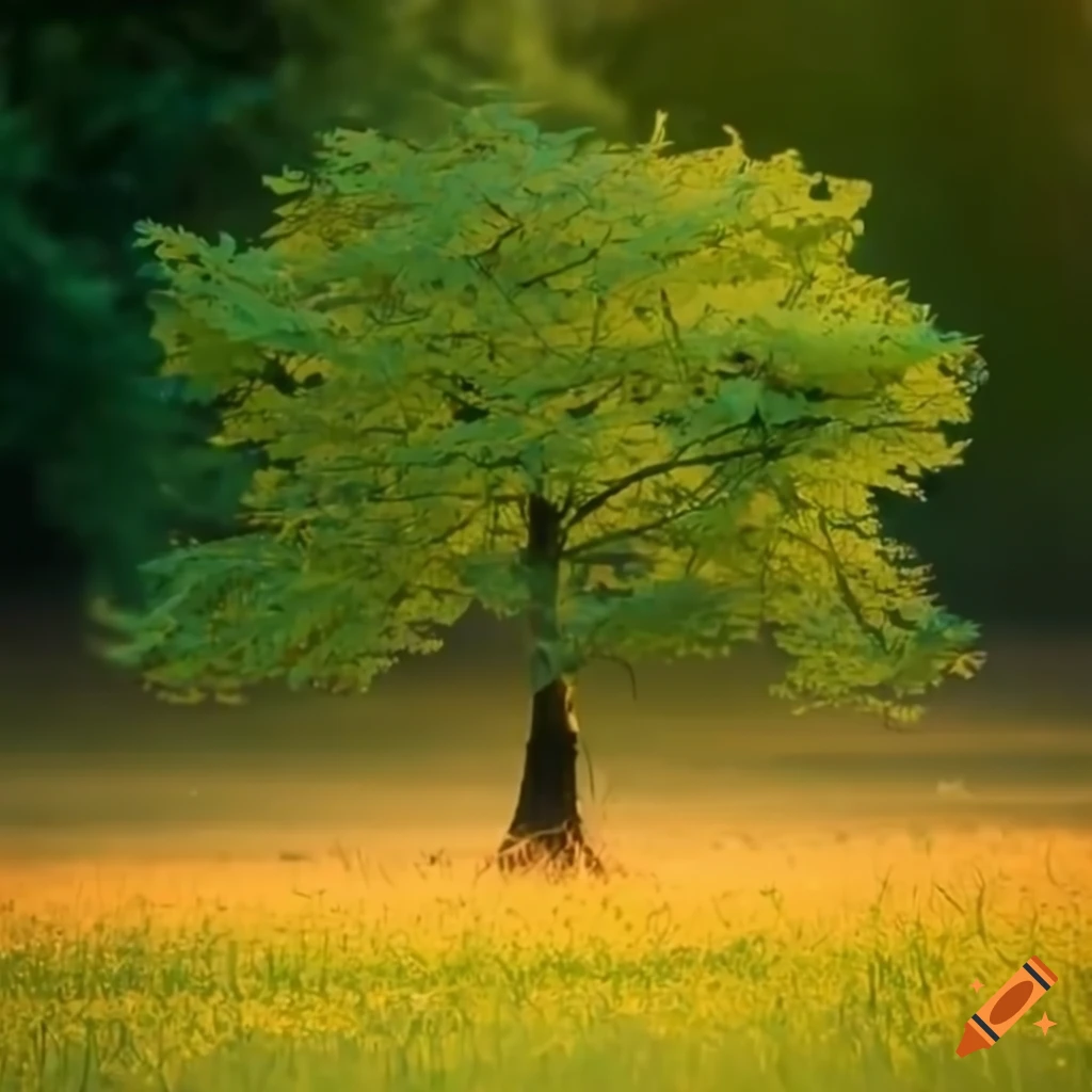 Graceful young tree with excessive leaves in a meadow on Craiyon