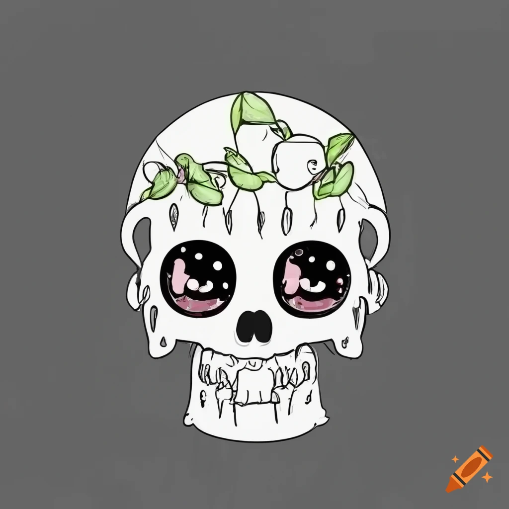 Kawaii girly robot skull with plants on dark gray background on Craiyon