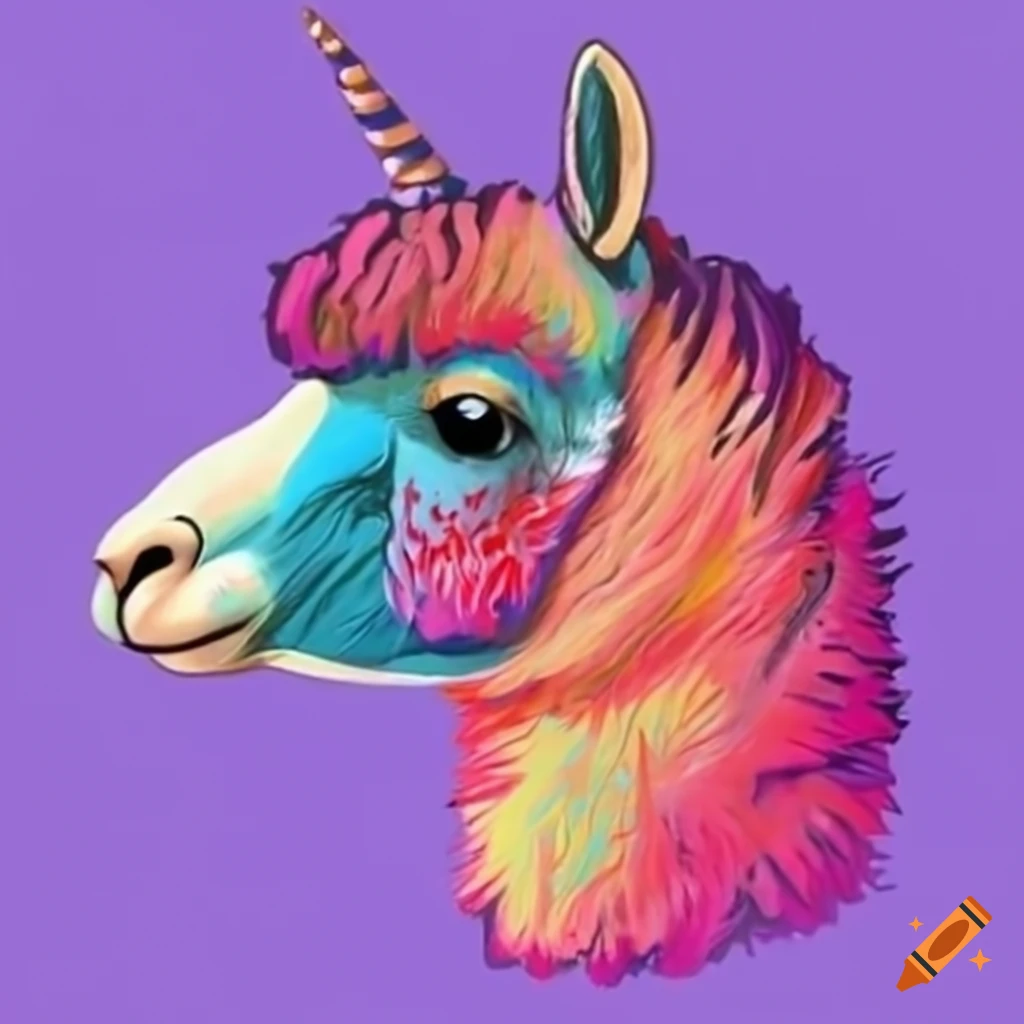 Vibrant alpaca with an iconic unicorn horn posing gracefully on Craiyon