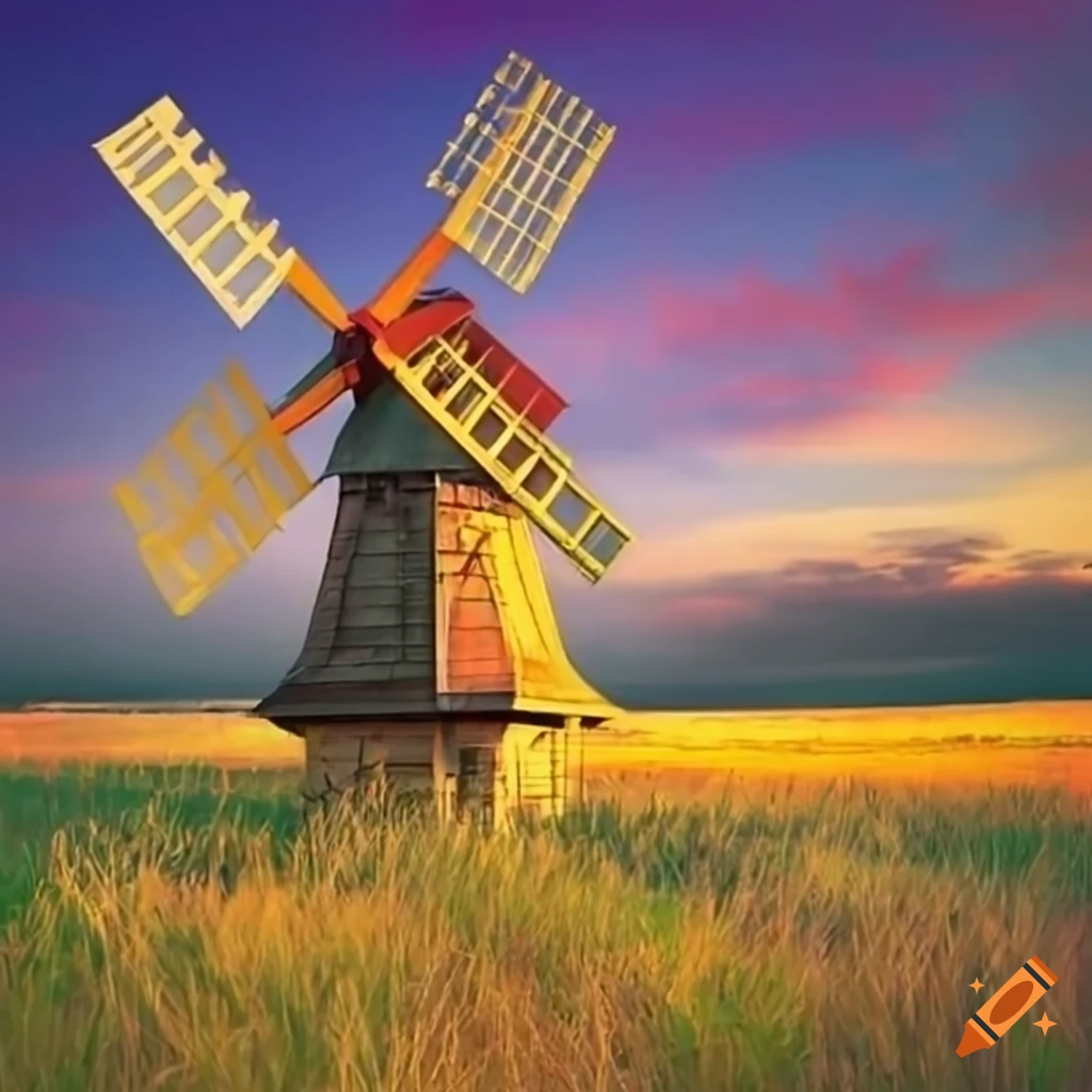 Graceful windmill with 4 wings in a meadow on Craiyon