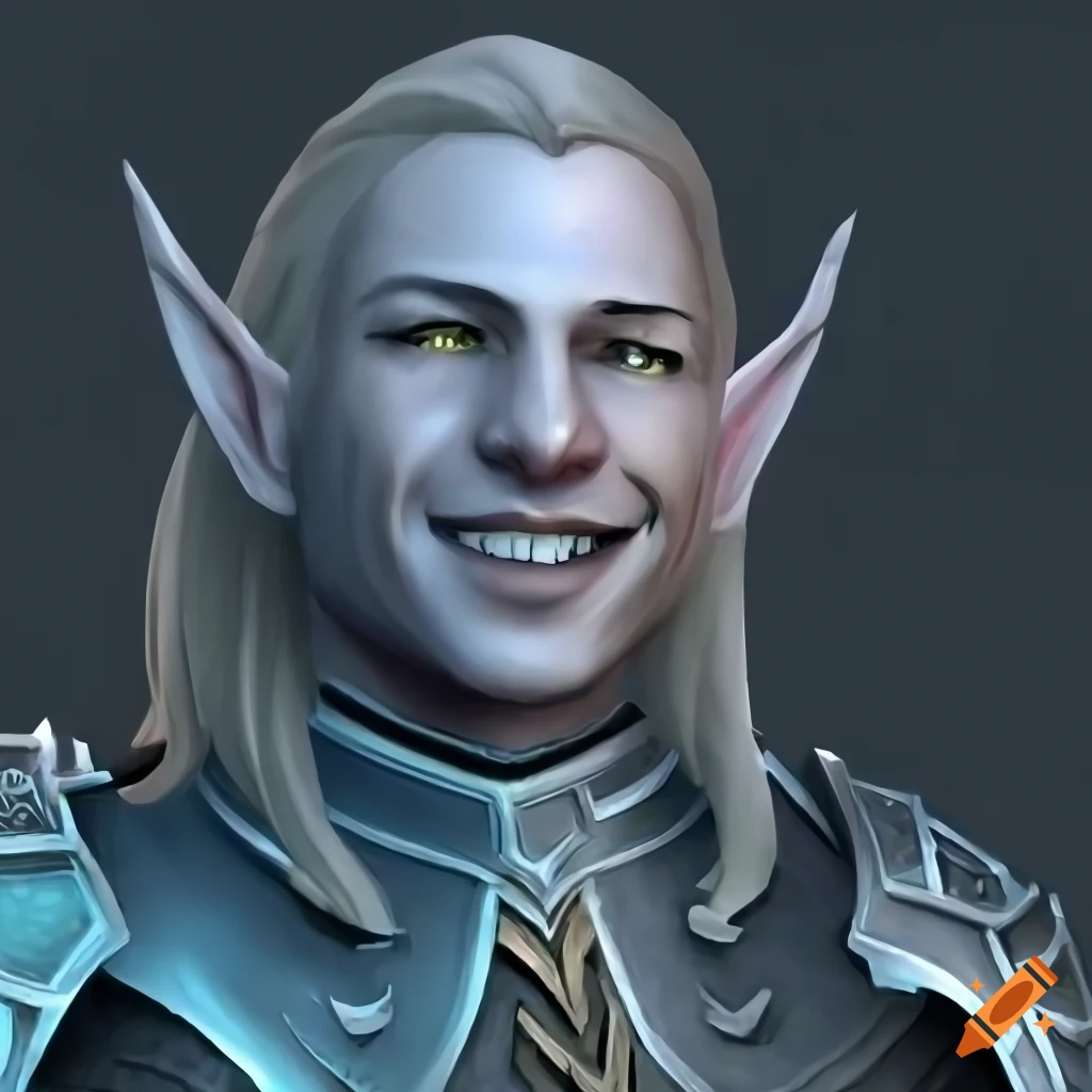 Pallid elf male in shiny plate armor in twilight on Craiyon