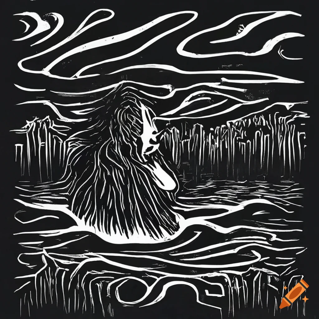 Monochrome linocut etching of a sad beautiful woman bog creature ...