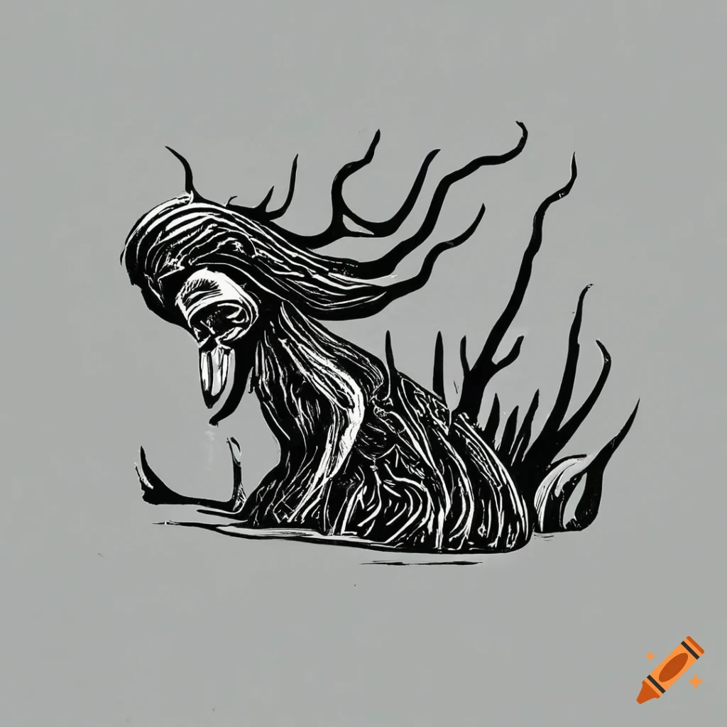 Sad beautiful woman bog creature emerging from swamp in linocut etching ...