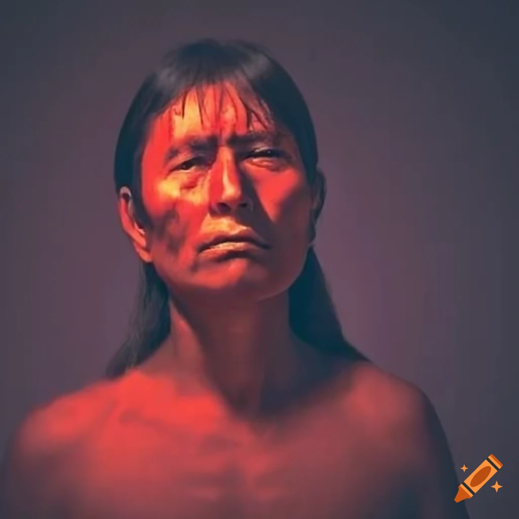 Serious peruvian indian looking at the horizon with dim red light on ...