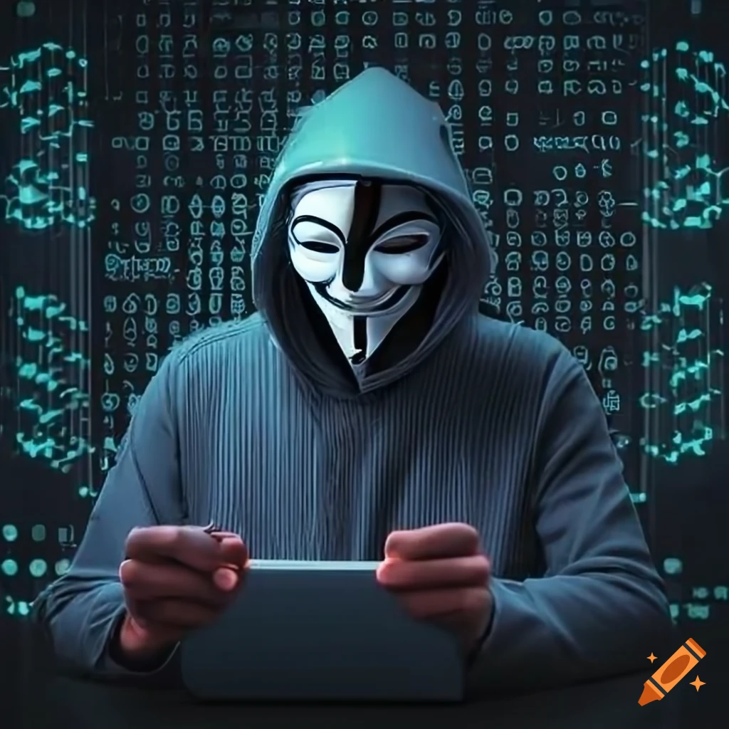 Anonymous coding on PC with cybersecurity background and quote on Craiyon