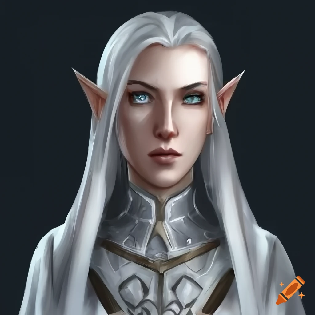 Portrait of a beautiful half-elf with long grey hair in white robes and ...