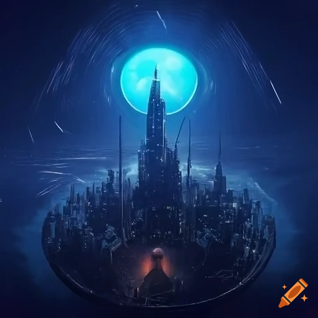 Floating mythical ethereal city with intricate towers in a starlit ...