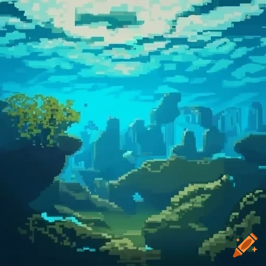 Realistic pixel art of the Silurian period with sky, clouds, coral ...