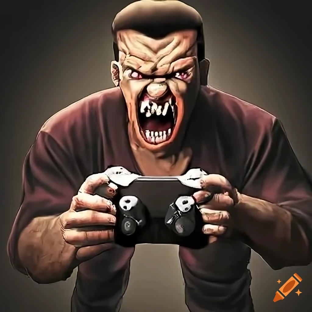 Man showing anger while playing video game on Craiyon