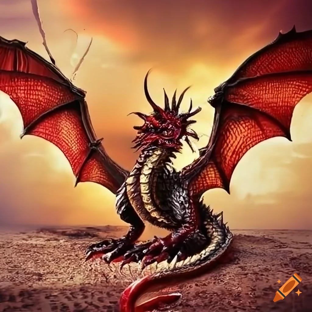 Dragon with red-gold scales portraying a calm and wise expression on ...