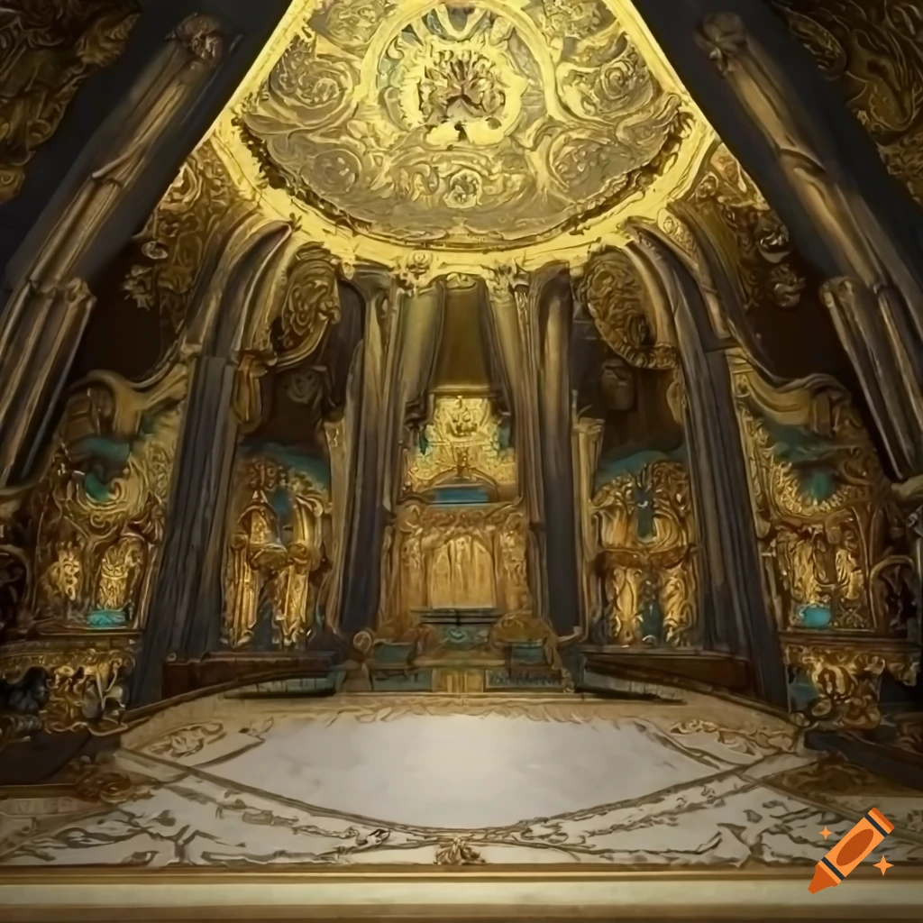 Dwarven throne room with stone walls, gold ceiling, and silver floor ...