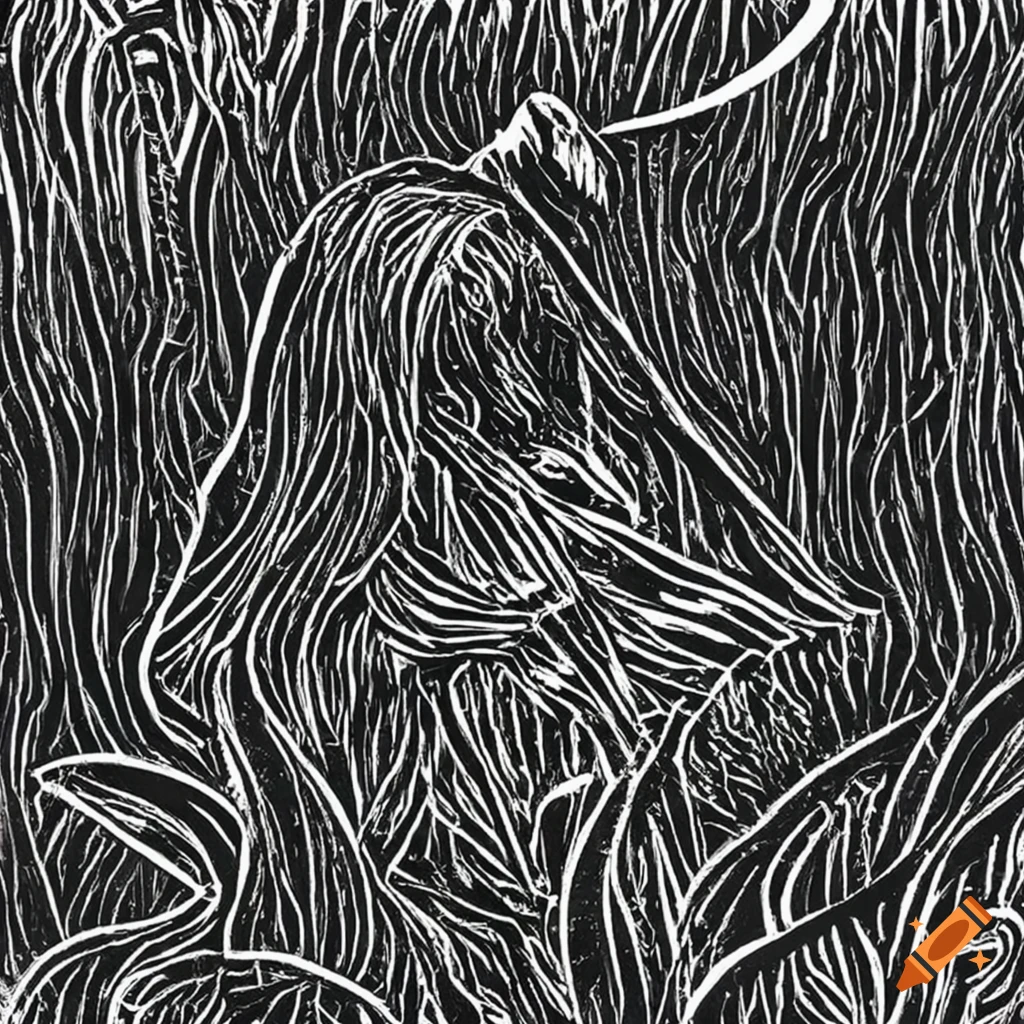 Monochrome linocut of a beautiful woman bog creature emerging from a ...