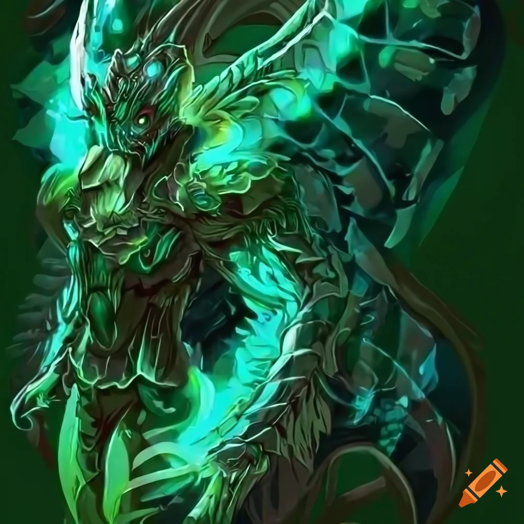 Muscular dragon warrior in cybernetic armor on a green acidic background on Craiyon