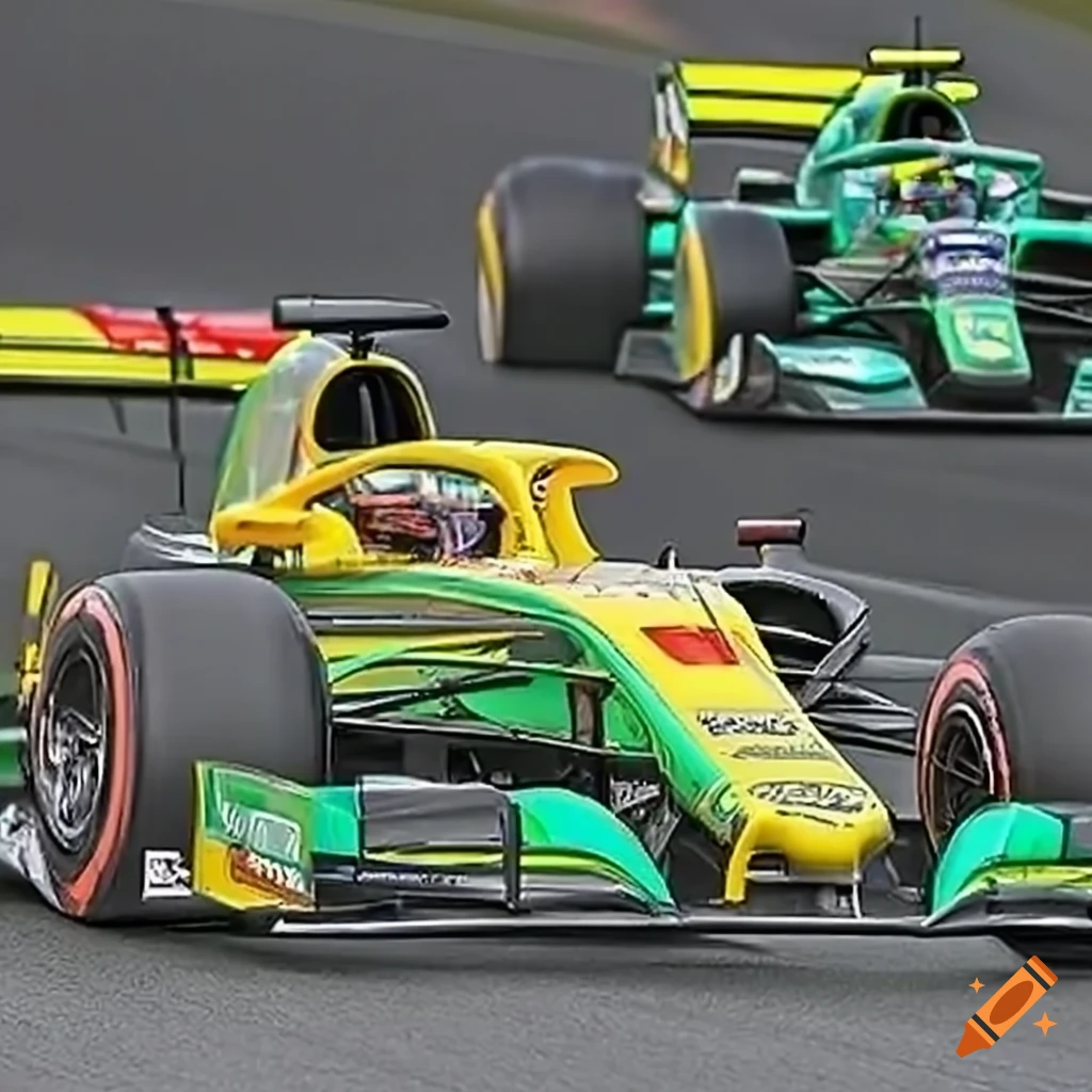 Green and yellow Formula One car with sponsor "F1 Statistics" on Craiyon
