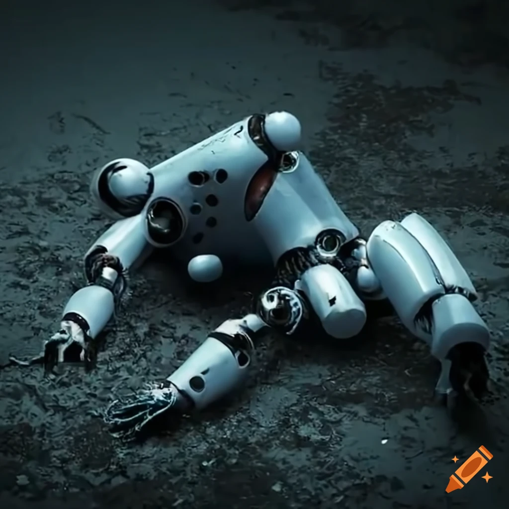 Destroyed robot lying on the ground with separated parts on Craiyon