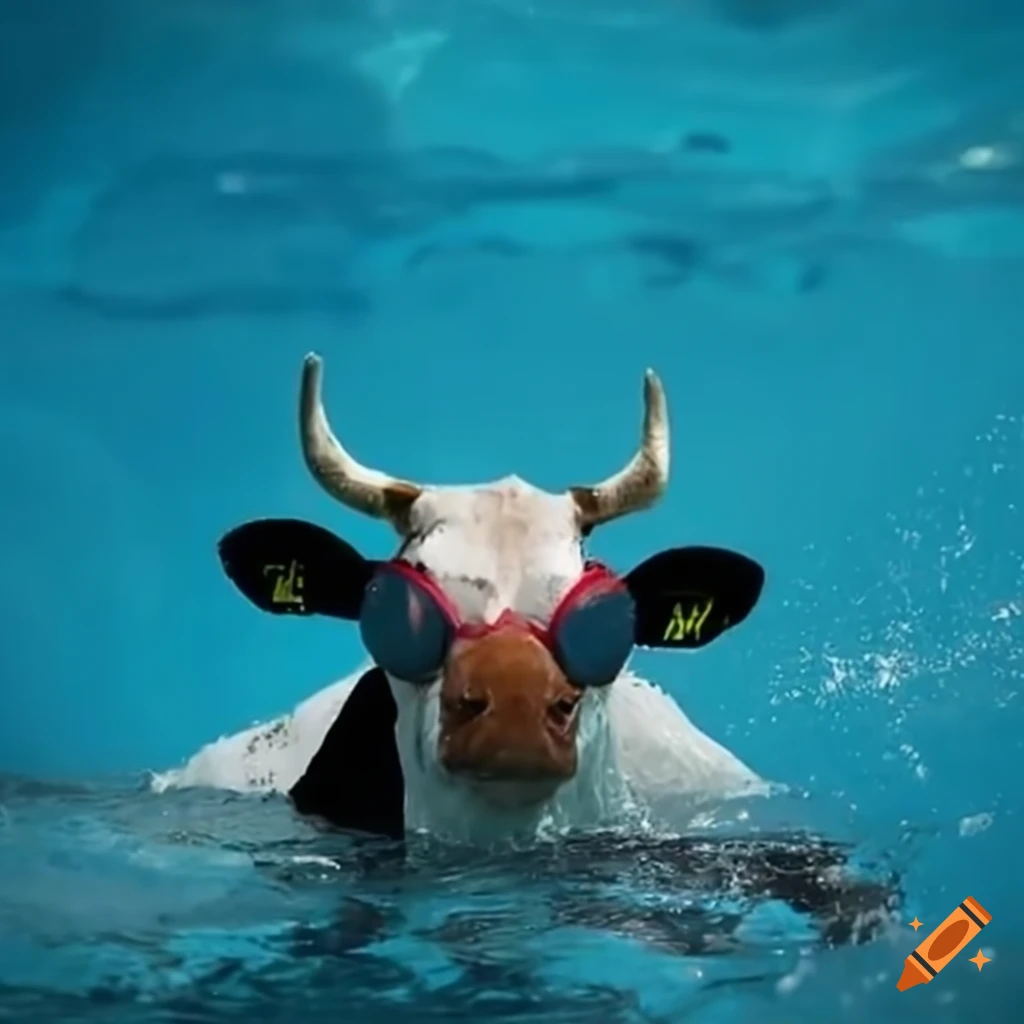 Cows swimming in an olympic pool with bathing suits and goggles on Craiyon