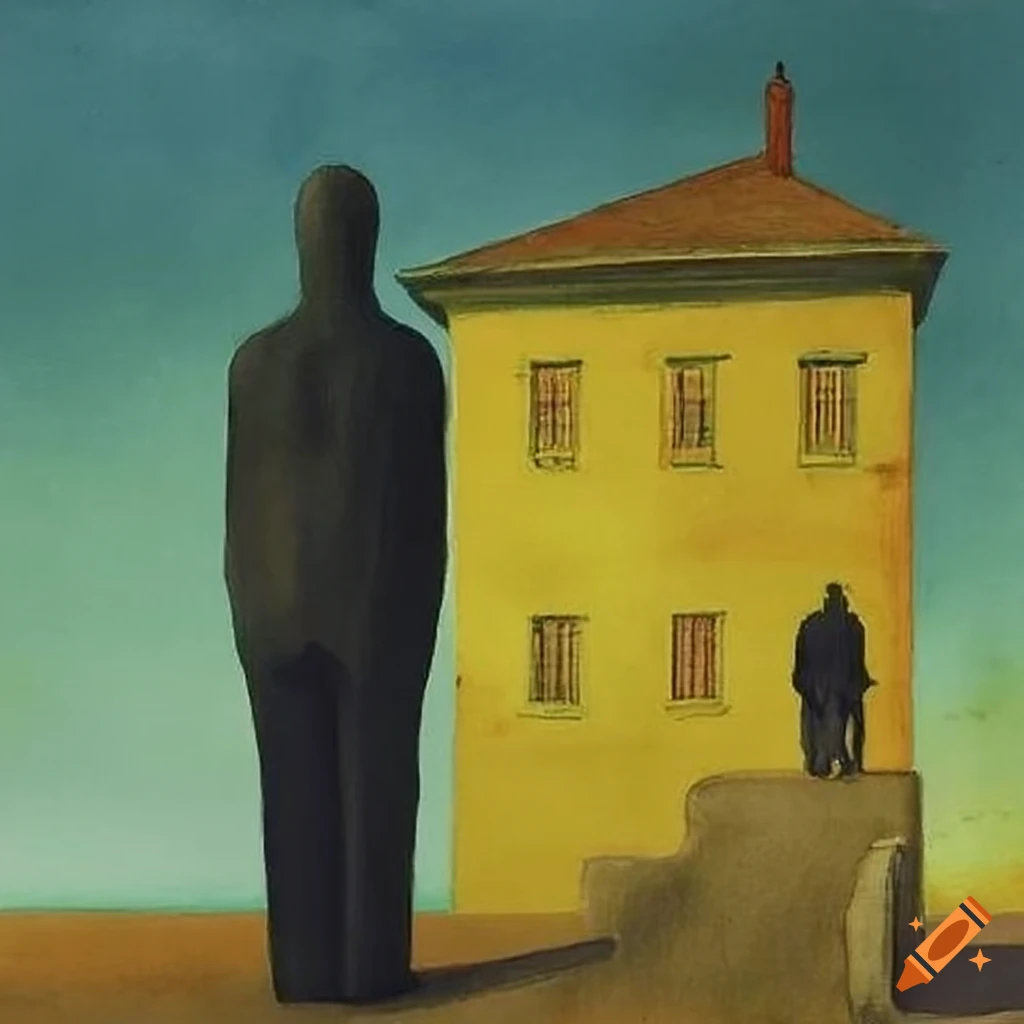 Watercolor landscape with yellow figure by René Magritte on Craiyon