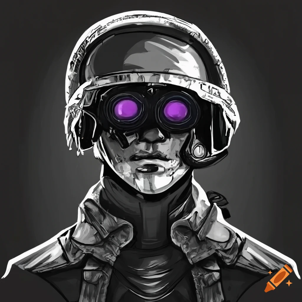 Monochrome soldier with goggles in Mothership TTRPG style on Craiyon