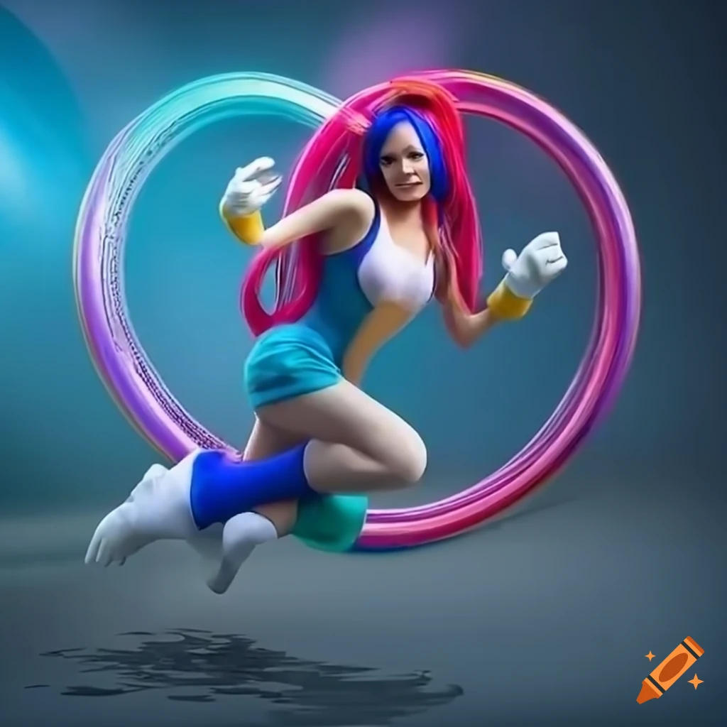 Enthusiastic female cosplayer in Sonic the Hedgehog costume running through loop-de-loop track ...