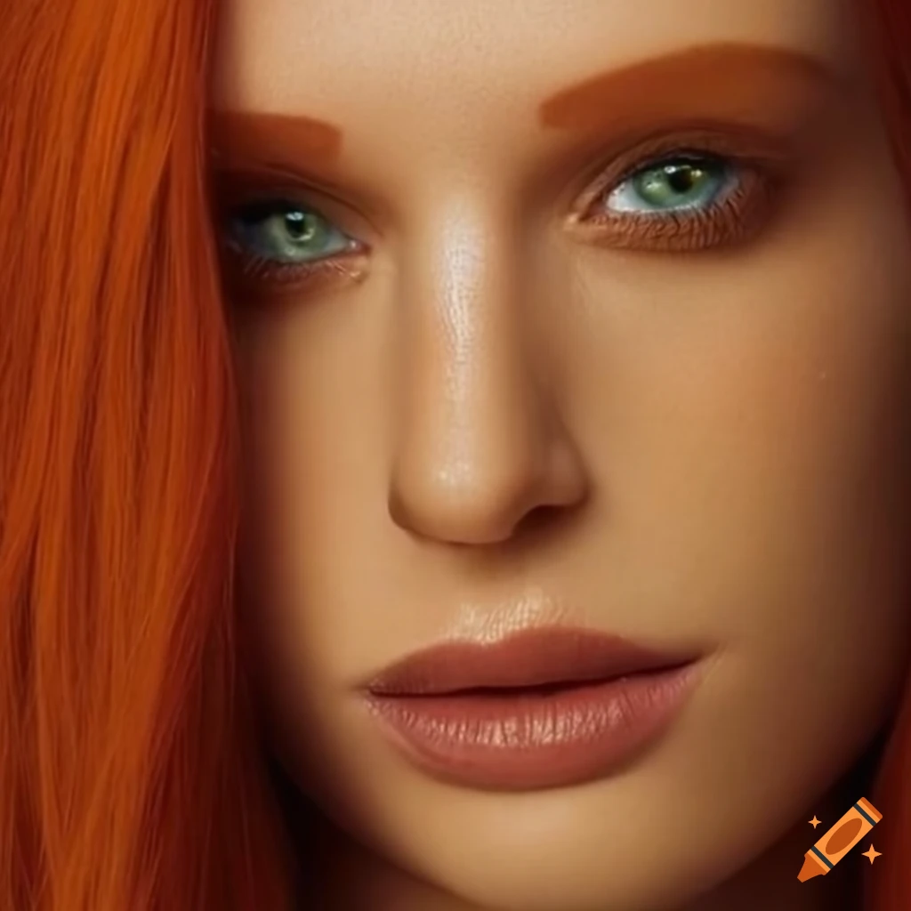 Alien woman with orange skin, red hair, and green eyes on Craiyon