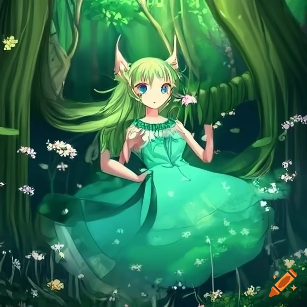 Beautiful elf girl in a green dress running through a flower-filled ...