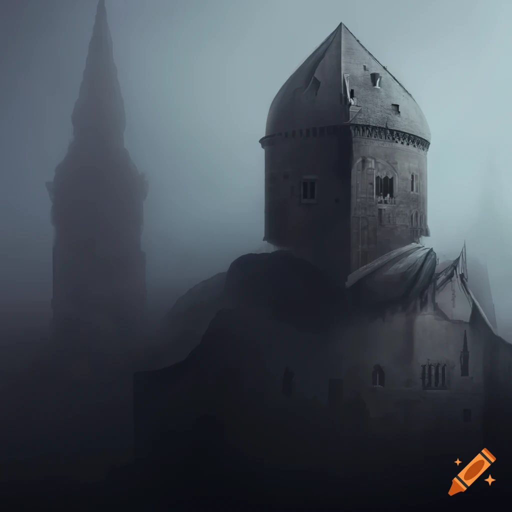 Knights emerging from a foggy medieval castle in high detail art on Craiyon