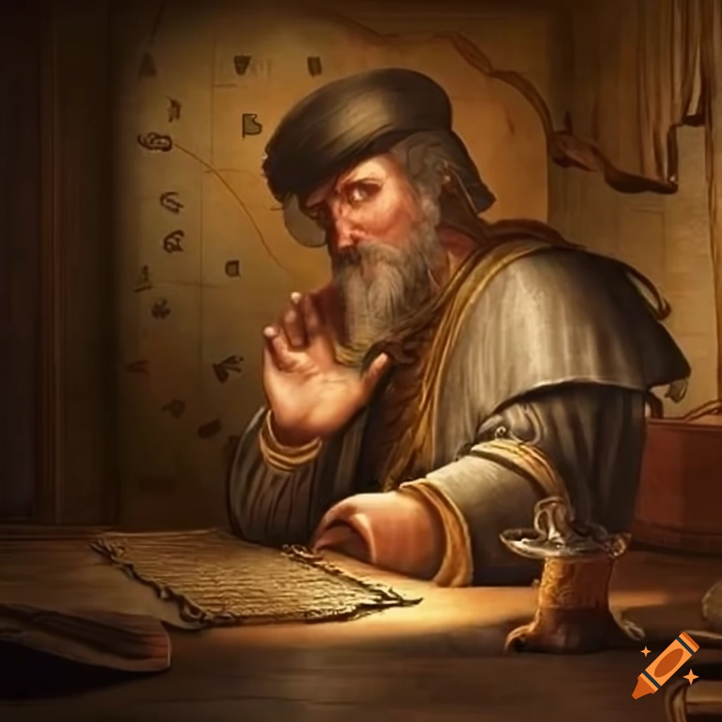 Medieval strategist surrounded by maps and scrolls on Craiyon