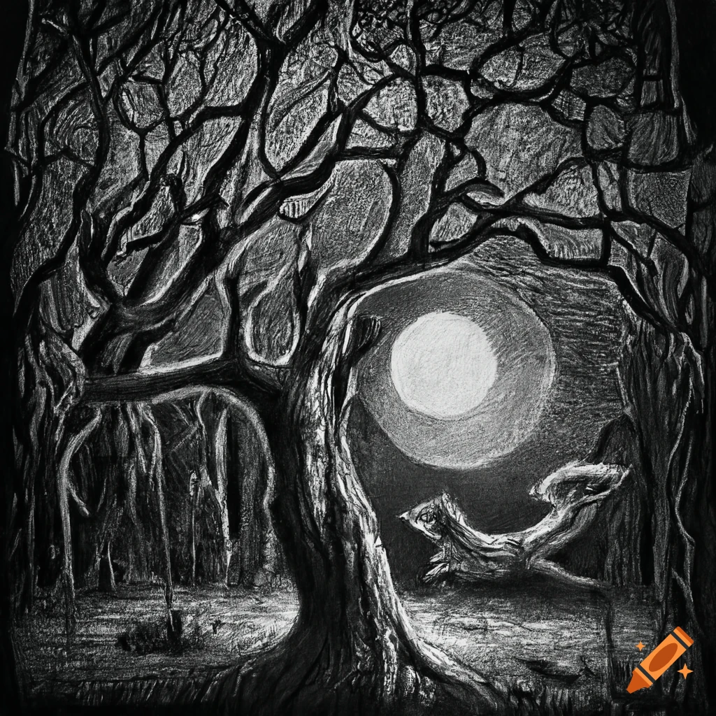 Nightingales in an old apple tree at a forest meadow under the night ...