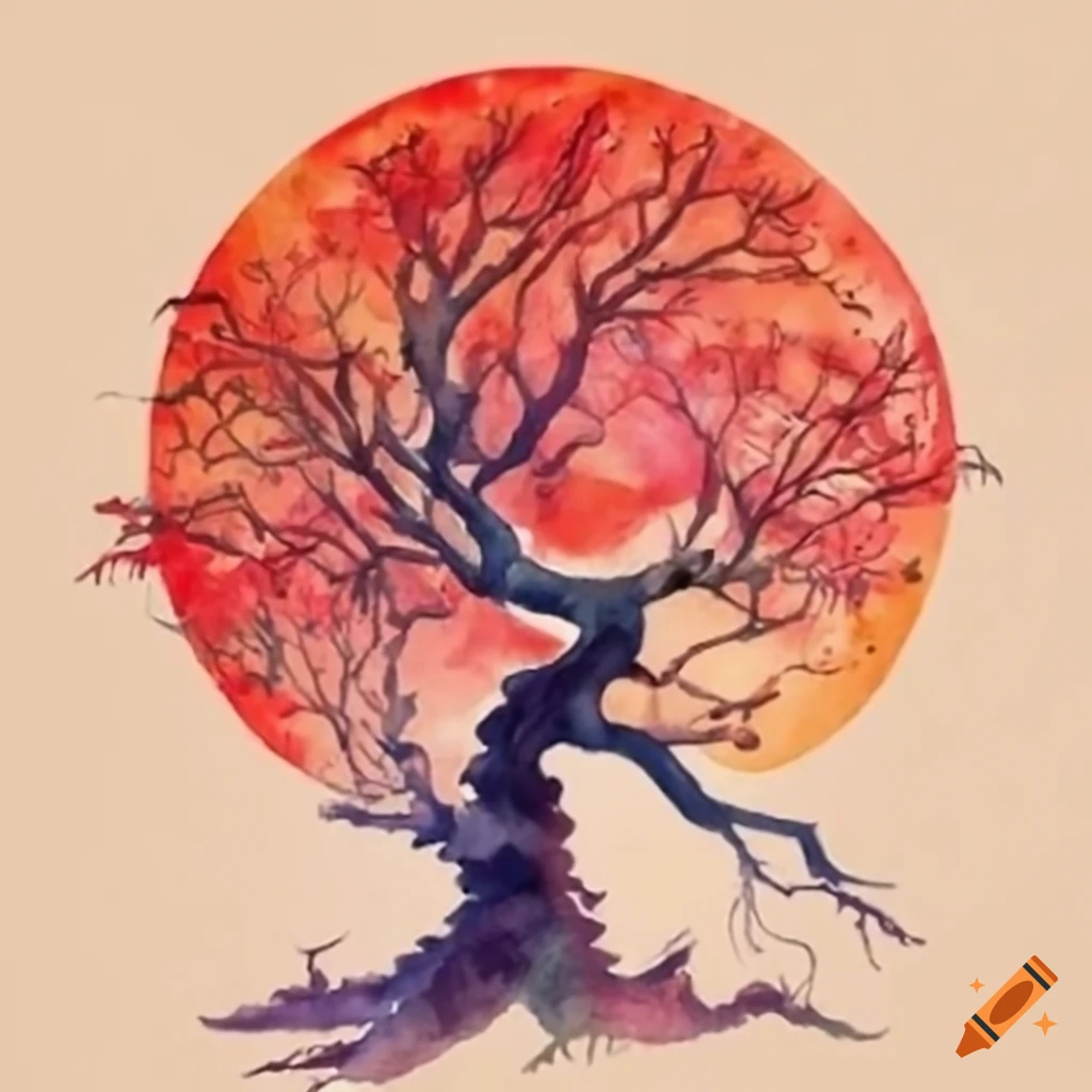 Ancient japanese style tree with a red sun on Craiyon