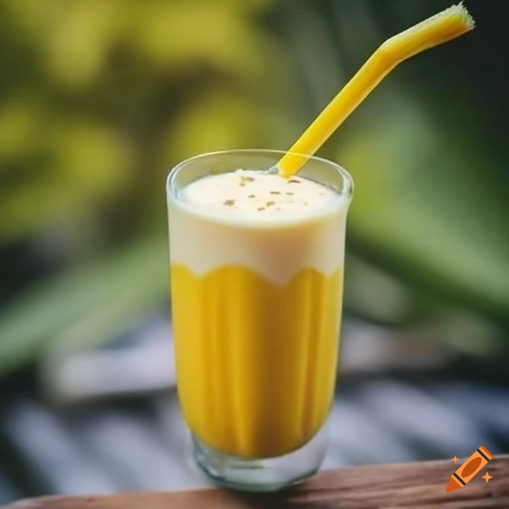 Refreshing mango milkshake in a backyard setting on Craiyon