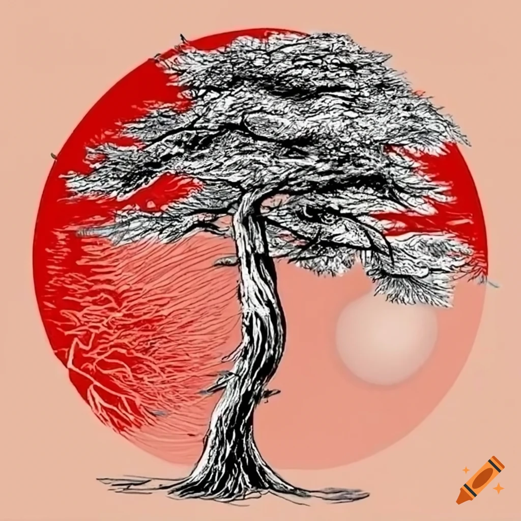 Ancient japanese style tree under a red sun on Craiyon