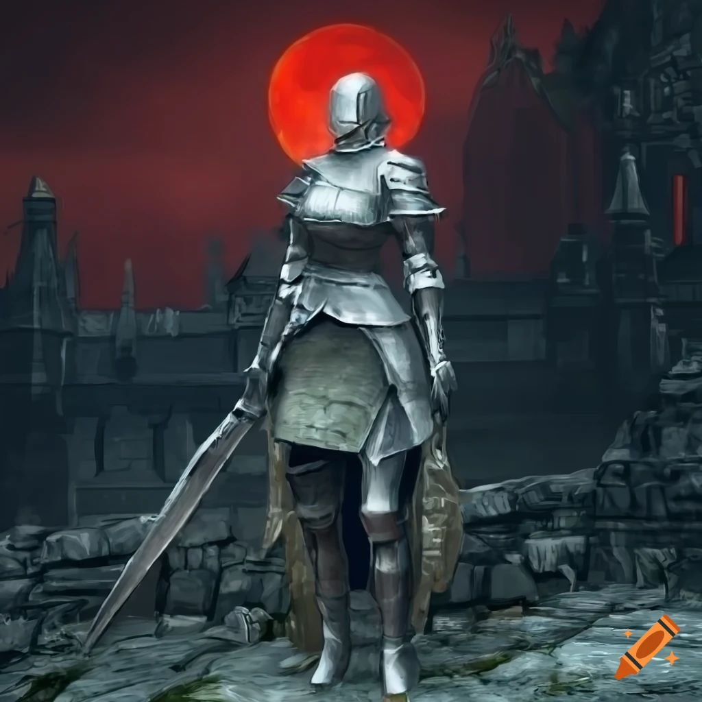 Female Dark Souls knight in heavy armor with a dark energy sword on a ...