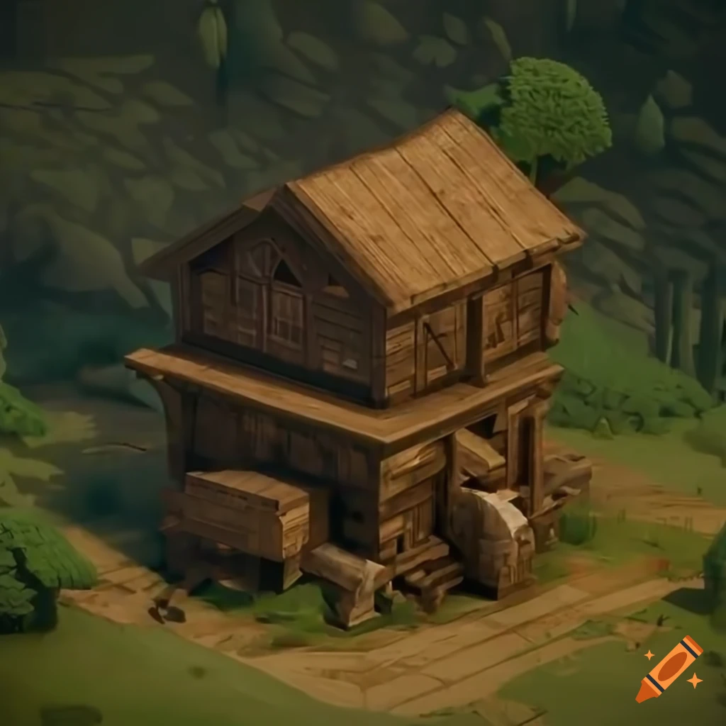 Isometric lumber mill covered in fog in a fantasy forest on Craiyon