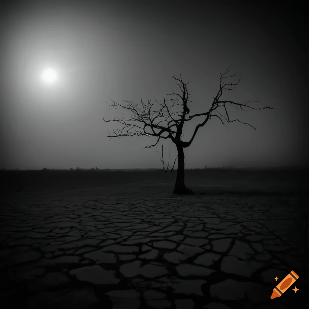 Barren landscape with leafless black trees against the horizon on Craiyon