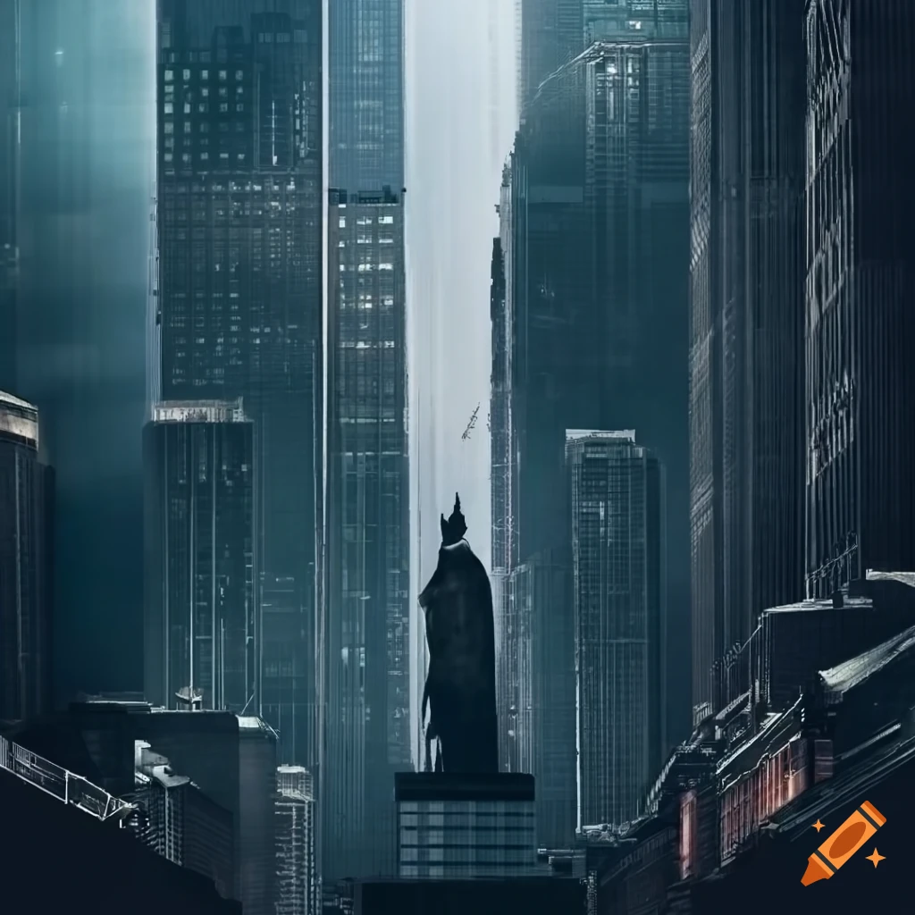 Batman overlooking the city from a skyscraper in a photorealistic style ...