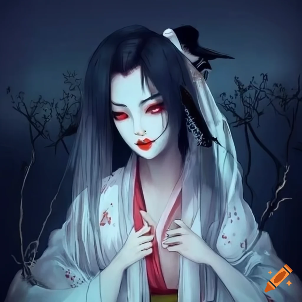 Japanese vampire in white kimono with raven at old mansion window under ...