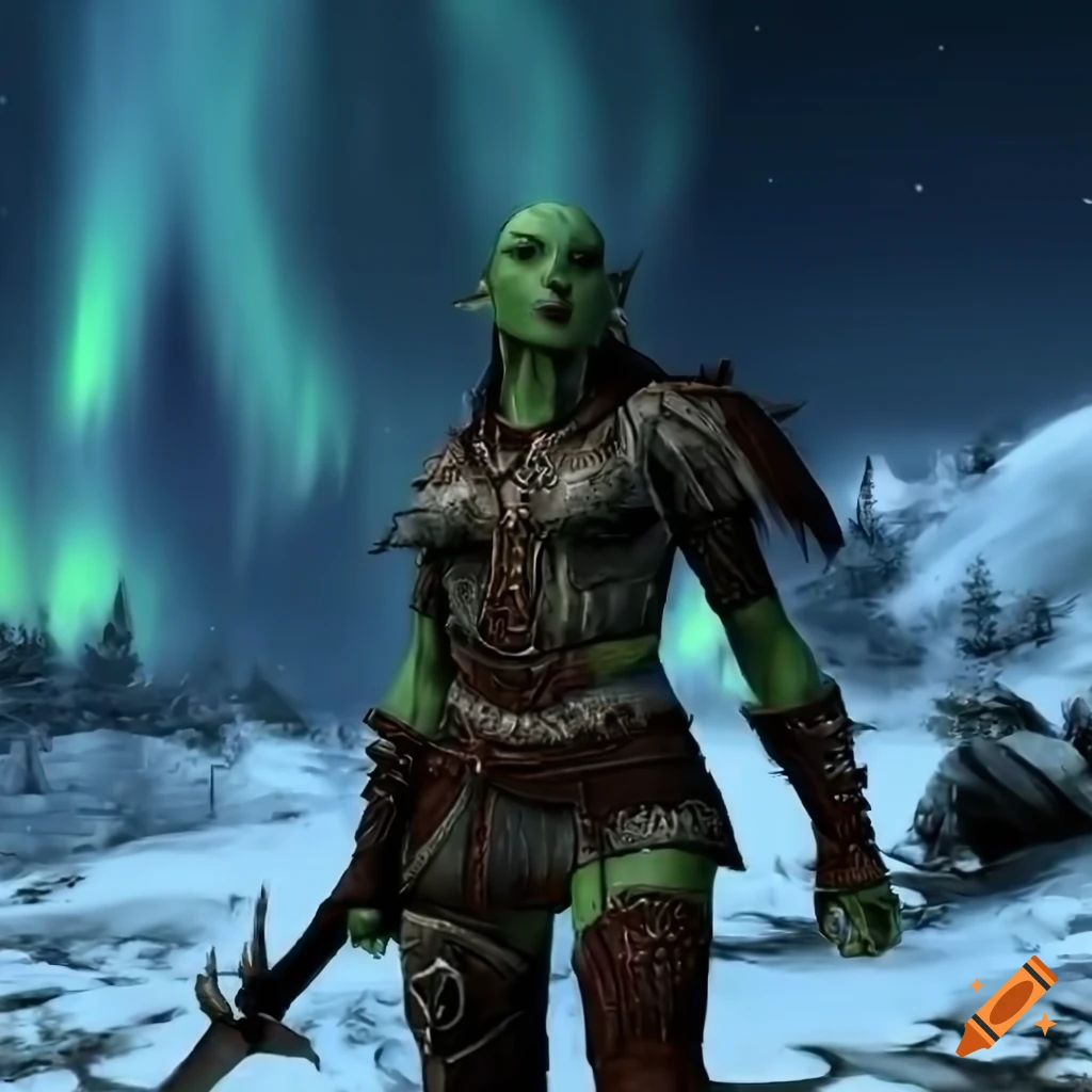 Female orc in Nordic armor wielding a magical warhammer in snowy ...