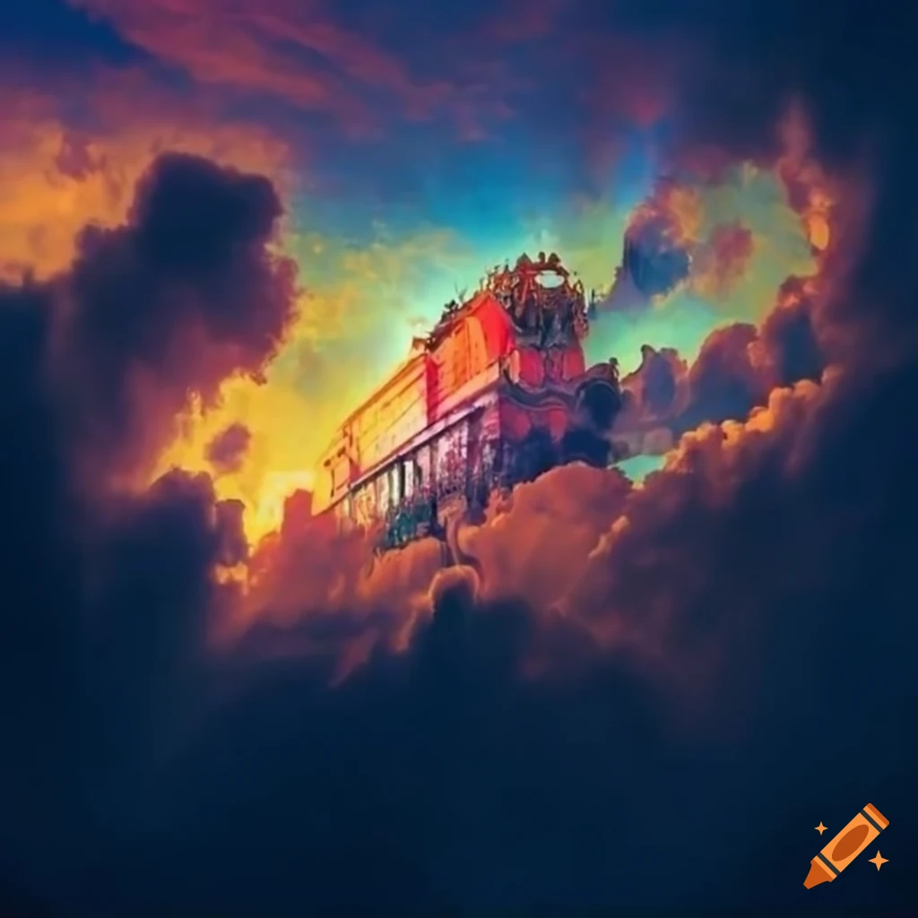 Flying train through colorful clouds in rococo style on Craiyon