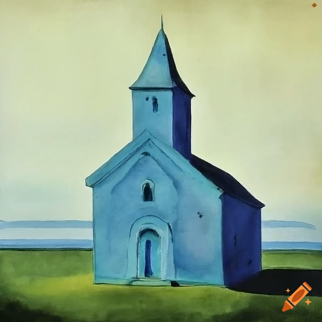 Watercolor landscape with blue figure and church by rené magritte on ...
