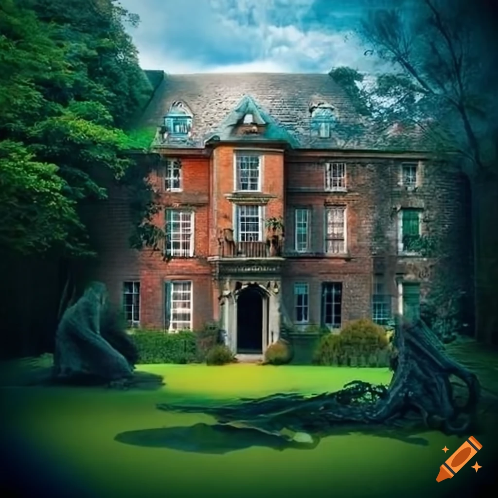 Old manor house in a picturesque landscape with weathered brick walls ...