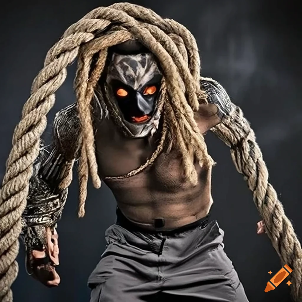 Superhero with rope body and mayan dreadlocks in action fight scene on ...
