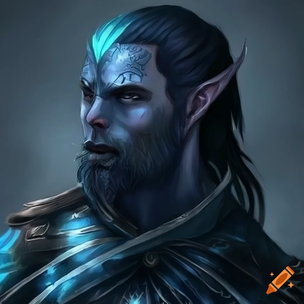 Elf with blue raven tattoos, black hair, and metal armor on Craiyon