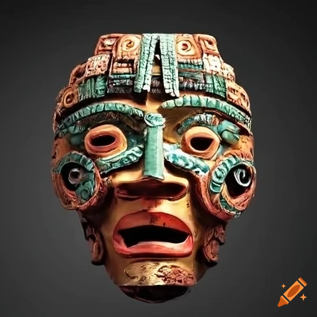 Intricate aztec mask performing martial arts kick on Craiyon