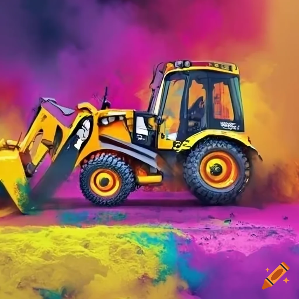 Poster with vibrant powder colors on jcb construction machinery on Craiyon